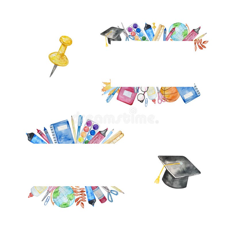 Frames Set with Watercolor School Supplies, Back To School Copy Space ...