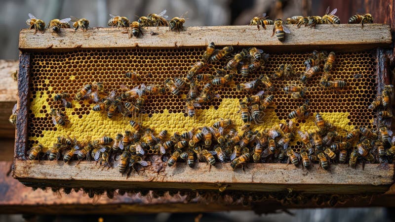 Bee Hive Frames Filled with Honey and Bustling Bees in a Vibrant Colony ...