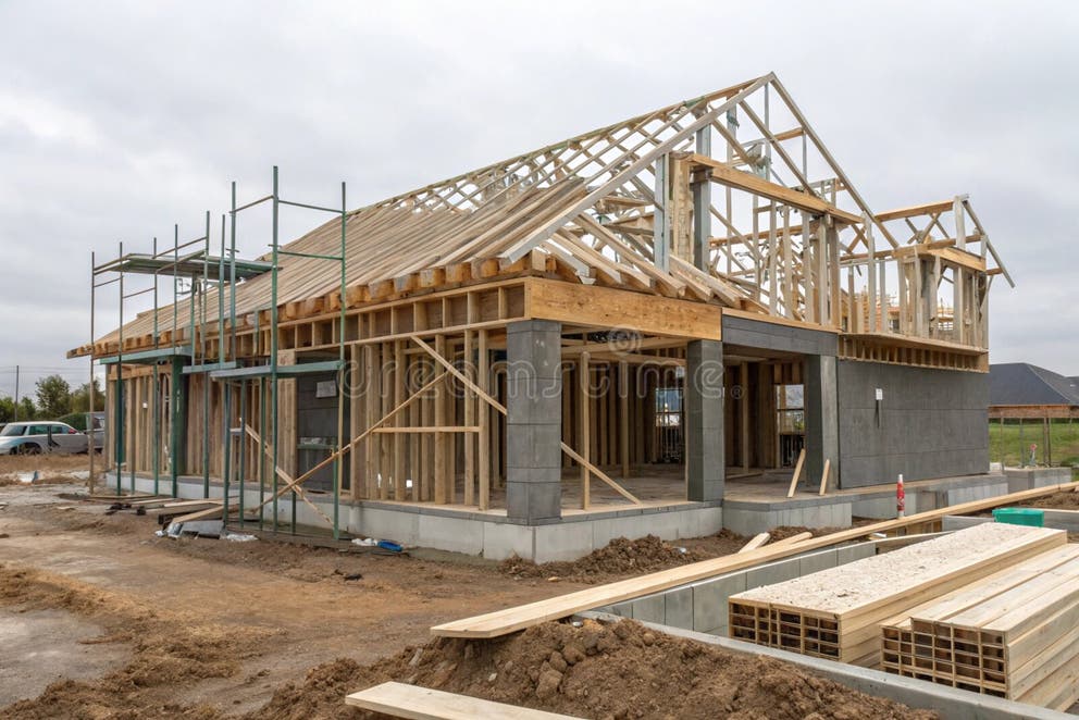 Framework of House Under Construction Stock Illustration - Illustration ...
