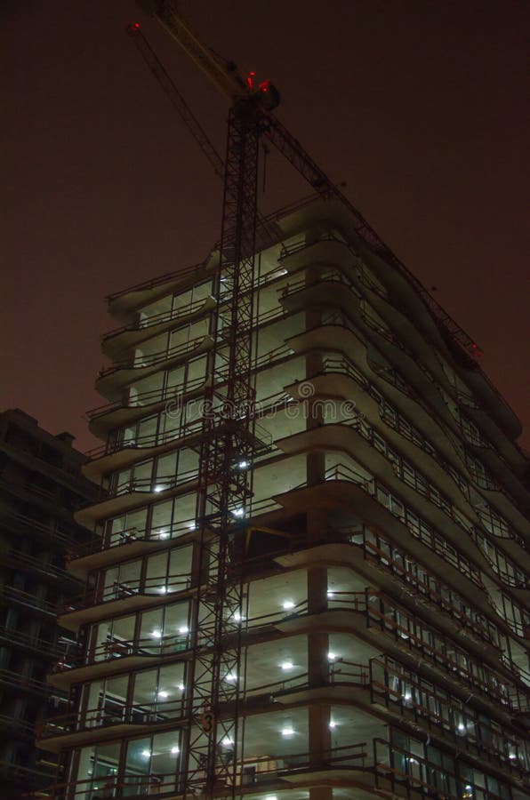 Framework of a Modern Building Under Construction at Night Stock Image ...