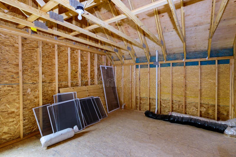 House Attic Under Construction Walls and Ceiling Material in Wooden ...