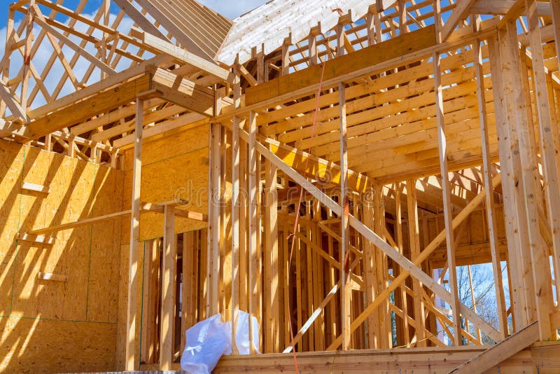 Framing Beams at Wooden Framework Construction of New House Under ...