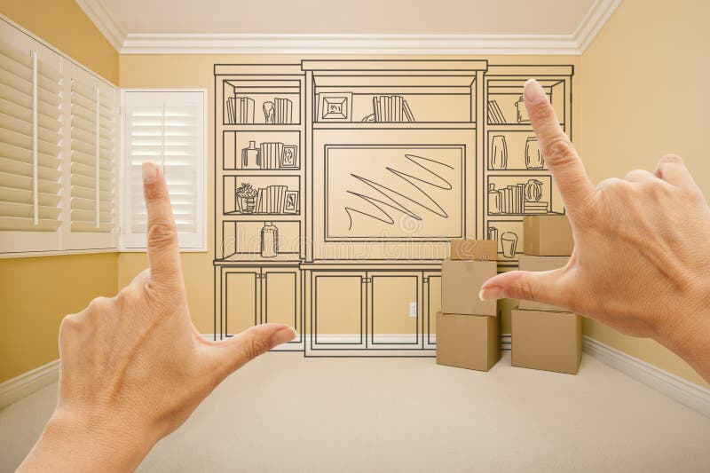 Framing Hands in Empty Room with Shelf Drawing on Wall Stock Image ...