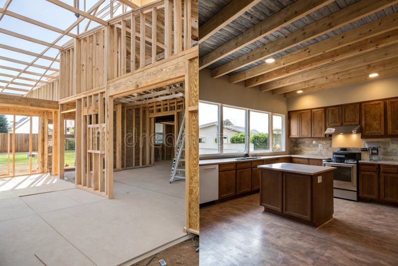 House Construction Framing Gradating into Finished Kitchen Stock Illustration - Illustration of ...