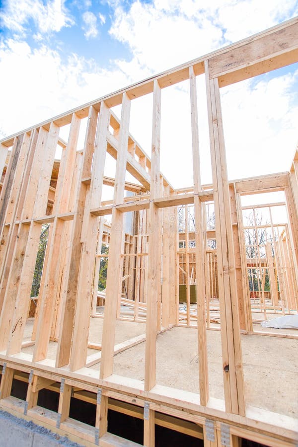 Framing in New Home Construction and Blue Sky Stock Image - Image of ...
