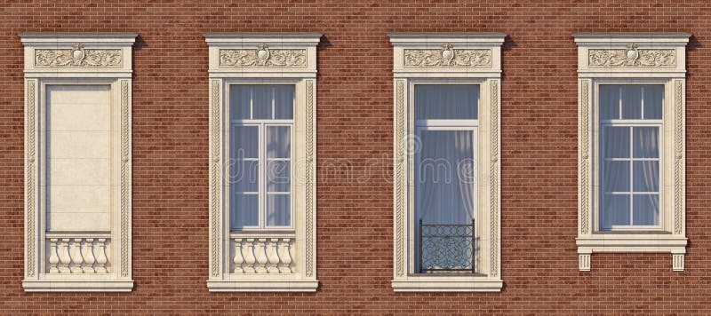 Framing of Windows in Classic Style on the Brick Wall of Red Color. 3d ...