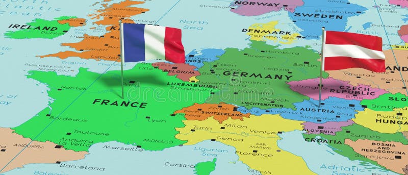 France and Austria - Pin Flags on Political Map Stock Illustration ...