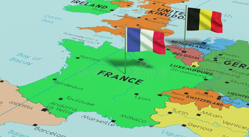 France and Belgium - Pin Flags on Political Map Stock Illustration ...