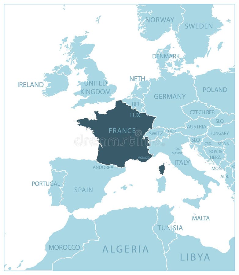 France - Blue Map with Neighboring Countries and Names Stock ...