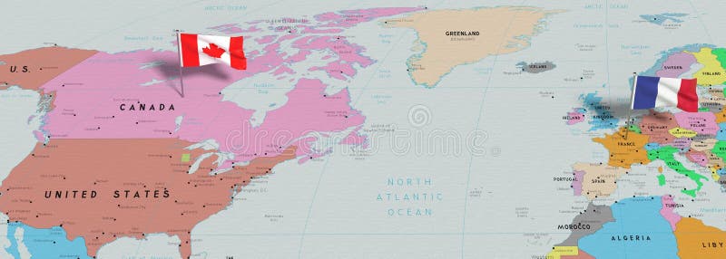 France and Canada - Pin Flags on Political Map Stock Illustration ...