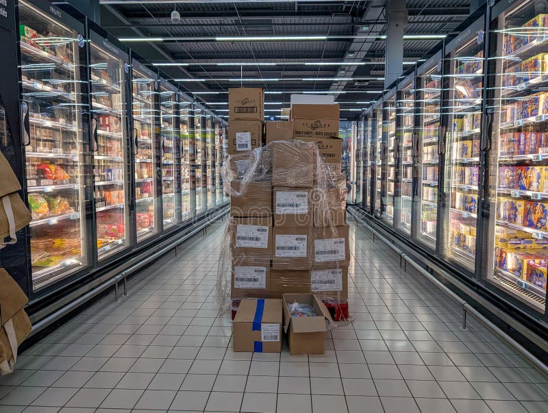 France, 28 February 2025 : Stacked Boxes Blocking Aisle in Grocery ...