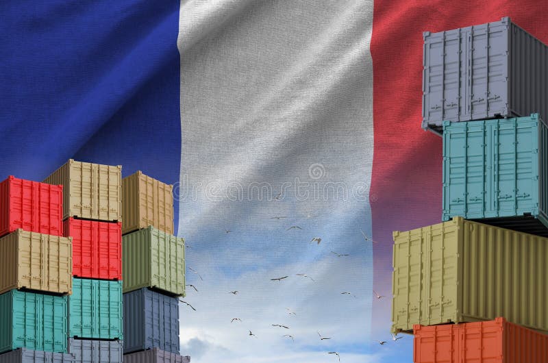 France Flag and Big Stack of Shipping Cargo Containers in Docks with ...