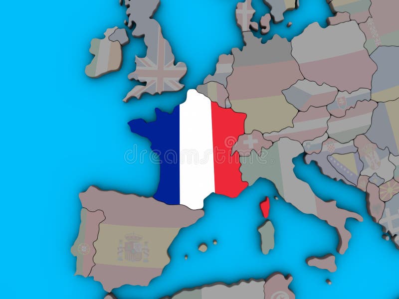 France with flag on 3D map stock illustration. Illustration of ...