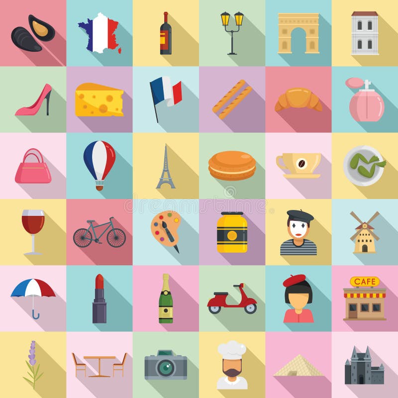 France Icons Set, Flat Style Stock Vector - Illustration of food, beret ...