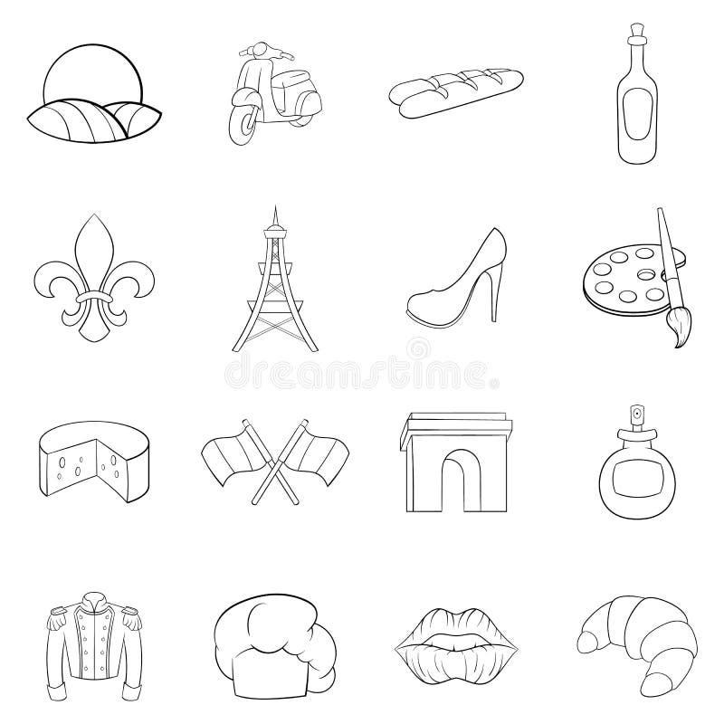 France Icons Set Vector Outline Stock Vector - Illustration of coffee ...