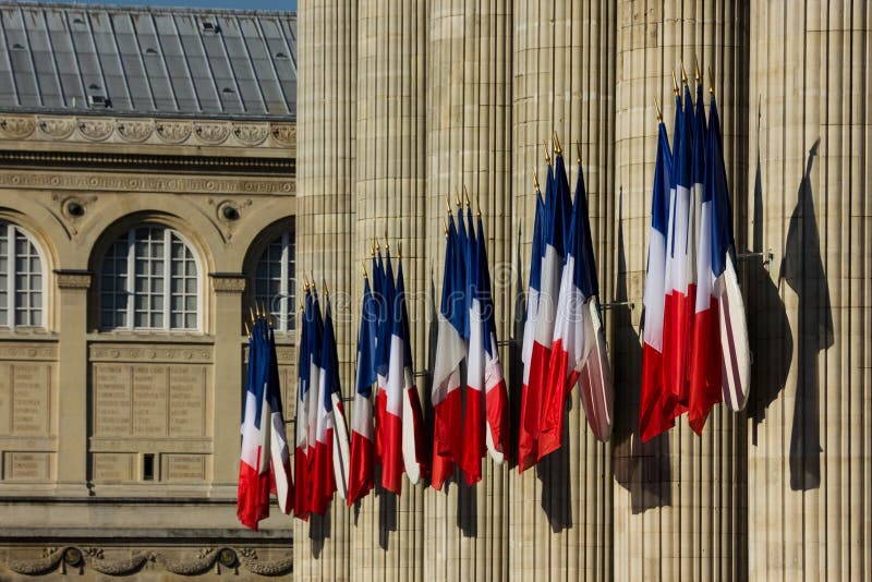 French flags on columns stock photo. Image of europe - 169544296