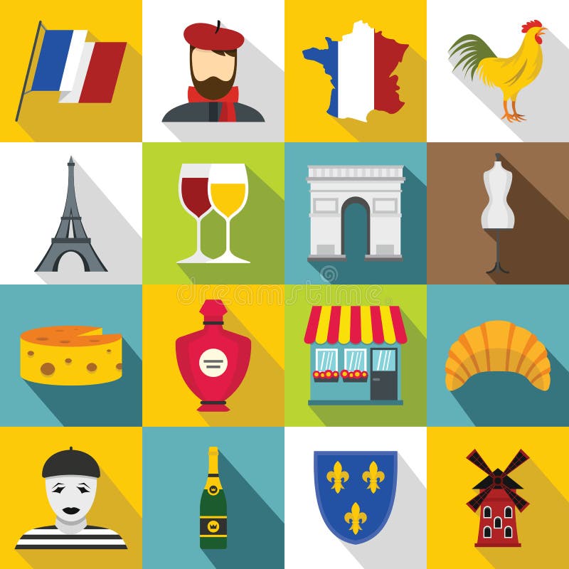France Travel Icons Set, Flat Style Stock Vector - Illustration of ...