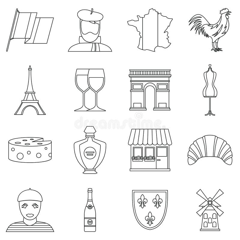 France Travel Icons Set, Outline Style Stock Vector - Illustration of ...