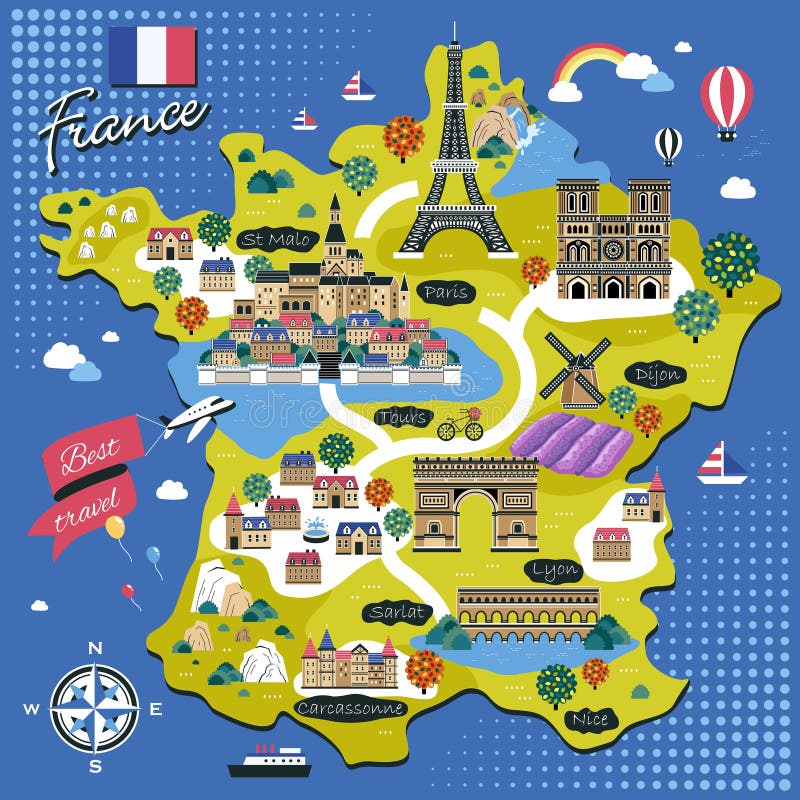 France travel map stock vector. Illustration of attractions - 68370861