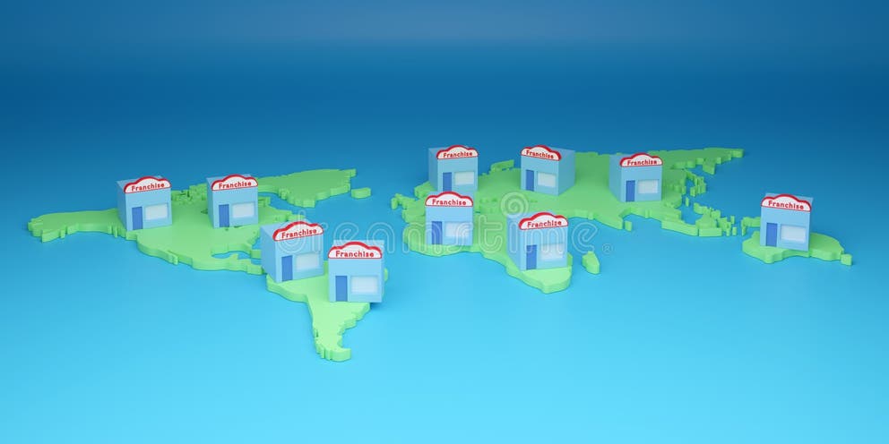 Franchise Stores on a Three-dimensional World Map. 3d Illustration ...