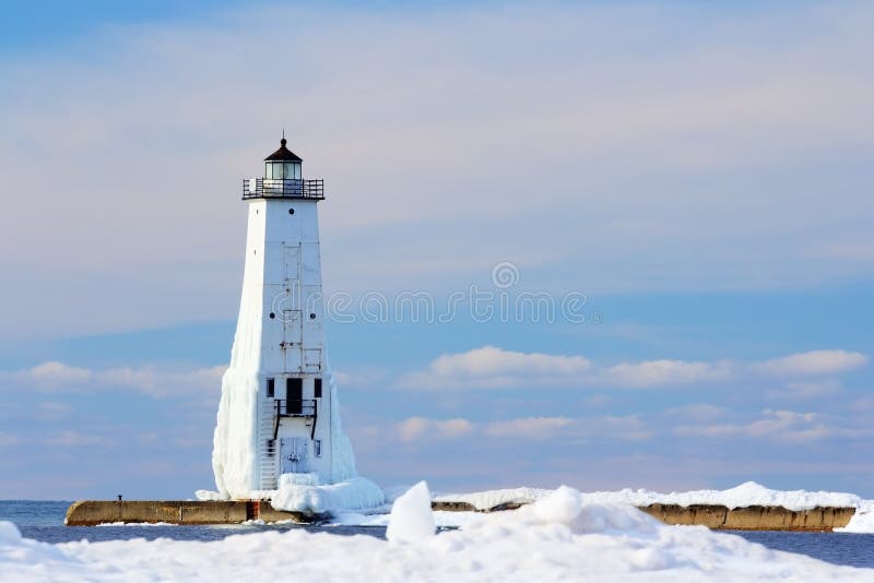 Frankfort Lighthouse in Ice Stock Image - Image of pier, lighthouse ...