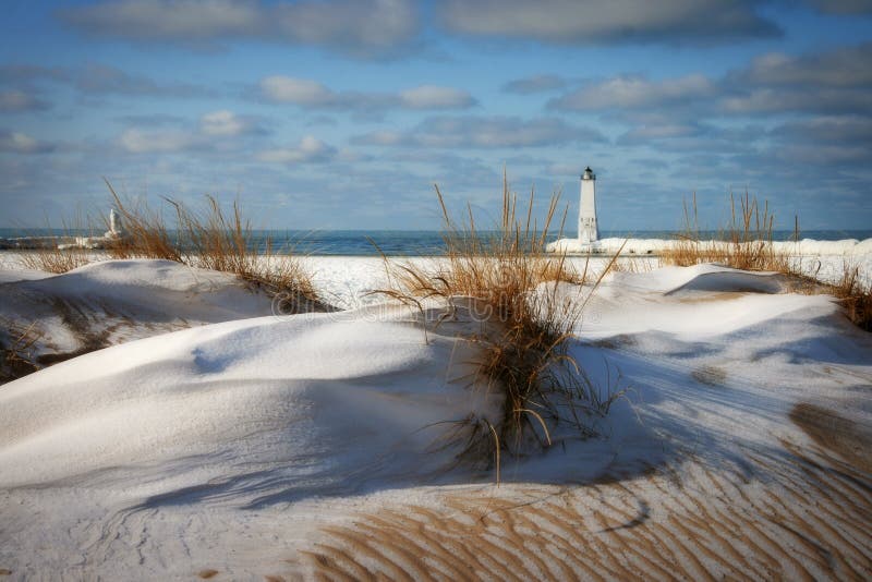 Frankfort, Michigan Lighthouse Stock Photo - Image of wintry, beach ...