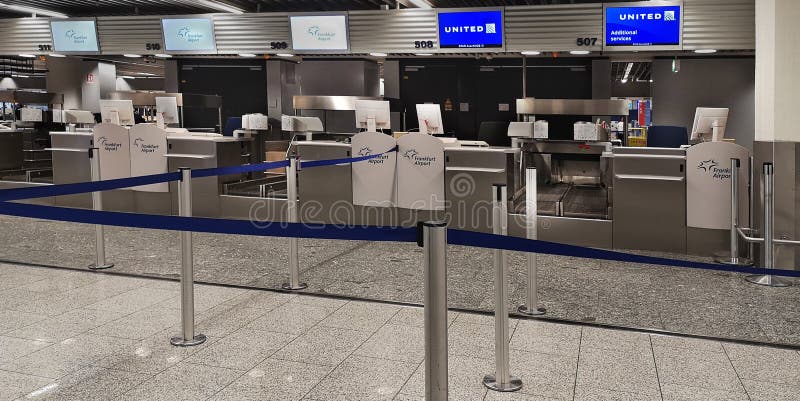 Frankfurt,Germany,12 26 2019.Empty Check-in Counters with Computers and ...