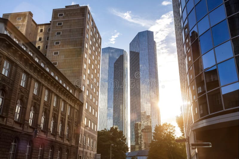 Frankfurt Germany Skyscraper Sun Stock Image - Image of lights, sundown ...