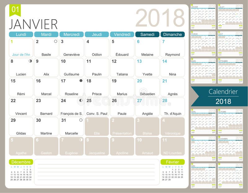 Franse kalender 2018 vector illustratie. Illustration of frans - 90210155