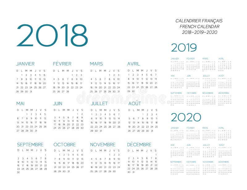 Franse Kalender 2018-2019-2020 Vector Vector Illustratie - Illustration ...