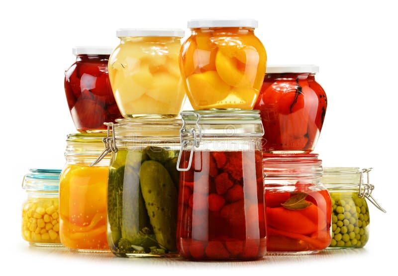 Frascos Com Vegetais Em Conserva E Compotas De Fruta Sobre Fundo Branco ...