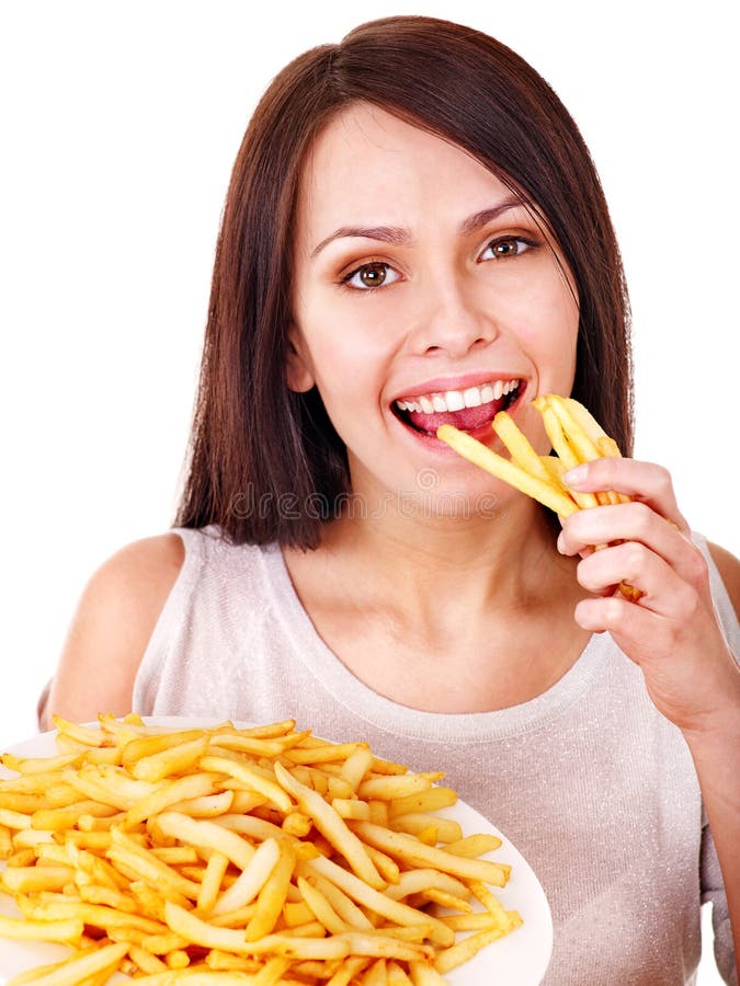 Frau, Die Pommes-Frites Isst. Stockfoto - Bild von frau, fischrogen ...