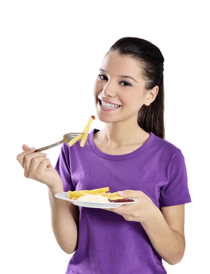 Frau, Die Pommes-Frites Isst. Stockbild - Bild von gesicht, frau: 34978613