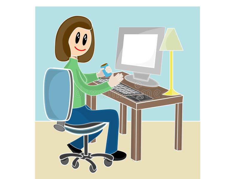 Frau Sitzt am Schreibtisch Vor Dem Computer Vektor Abbildung ...