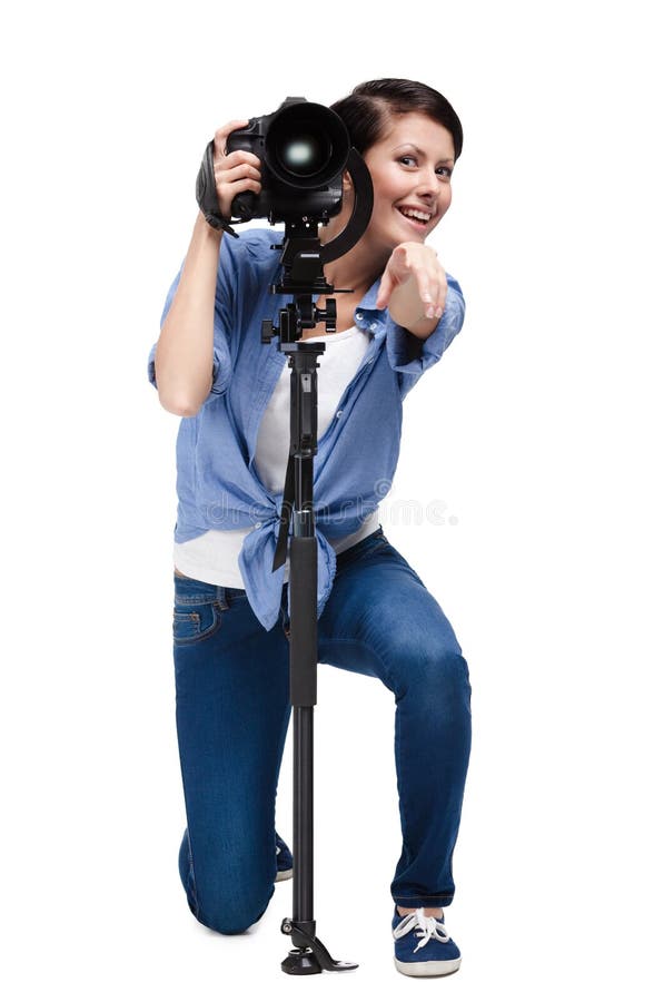 Frau-Fotograf Bildet Das Zeigen Von Geste Stockfoto - Bild von jeans ...