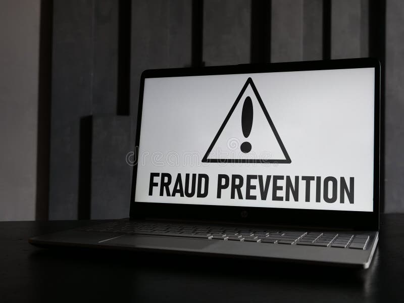 Fraud Prevention is Shown Using the Text on the Screen of Laptop Stock ...