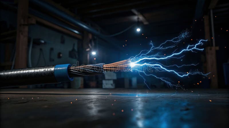 Frayed Electrical Wire Sparks in Dark Workshop Highlighting Danger and ...