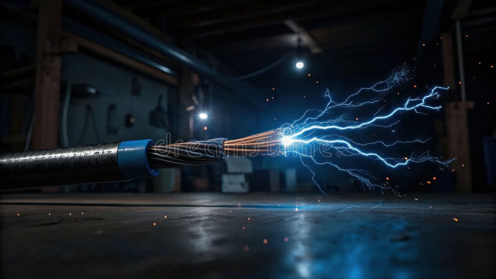 Frayed Electrical Wire Sparks in Dark Workshop Highlighting Danger and ...