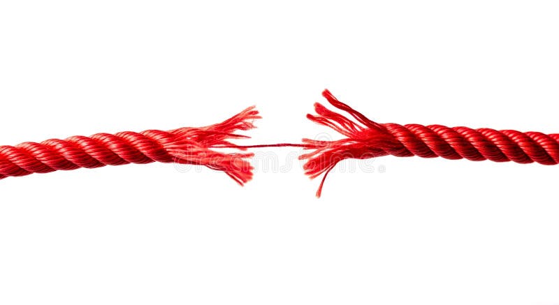 Frayed Red Rope Tension with Strands Broken on White Background Stock ...