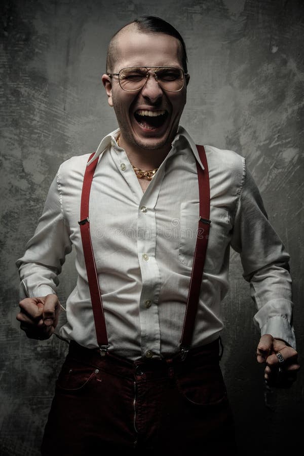 Freak Guy In White Shirt Laughing. Stock Photo - Image of fashion, angry: 113029080