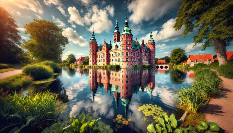 Frederiksborg Castle Reflecting in the Lake during Sunset in Denmark ...