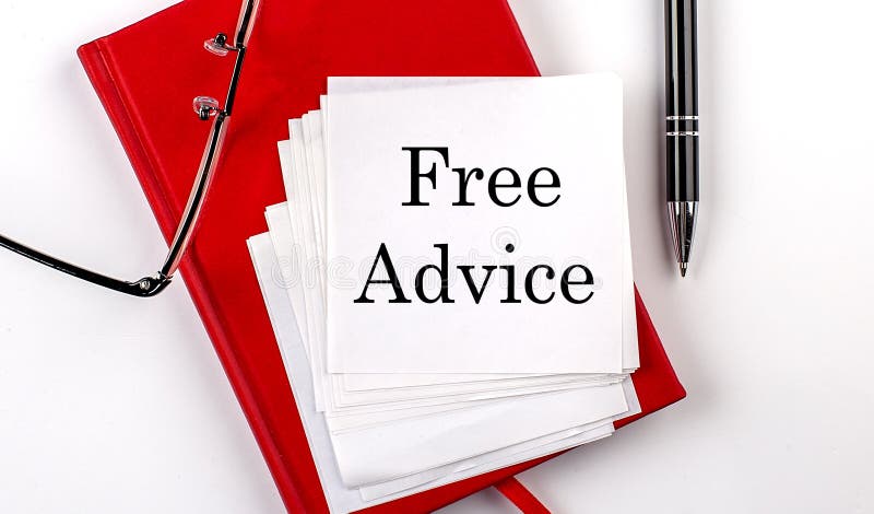 FREE ADVICE Text on Sticker on Red Notebook with Pen and Glasses Stock ...