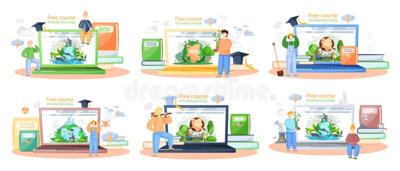 Free Course of Studying Ecology Vector Banners Set. Ecologist Taking ...