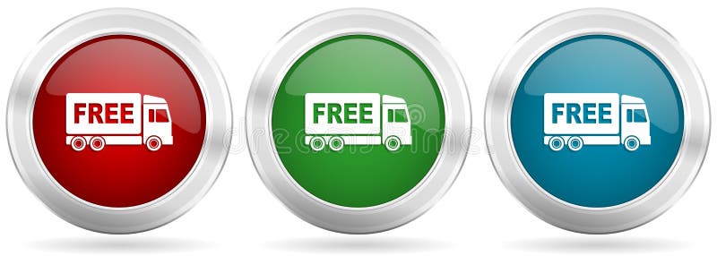 Free Delivery Vector Icon Set. Red, Blue and Green Silver Metallic Web ...