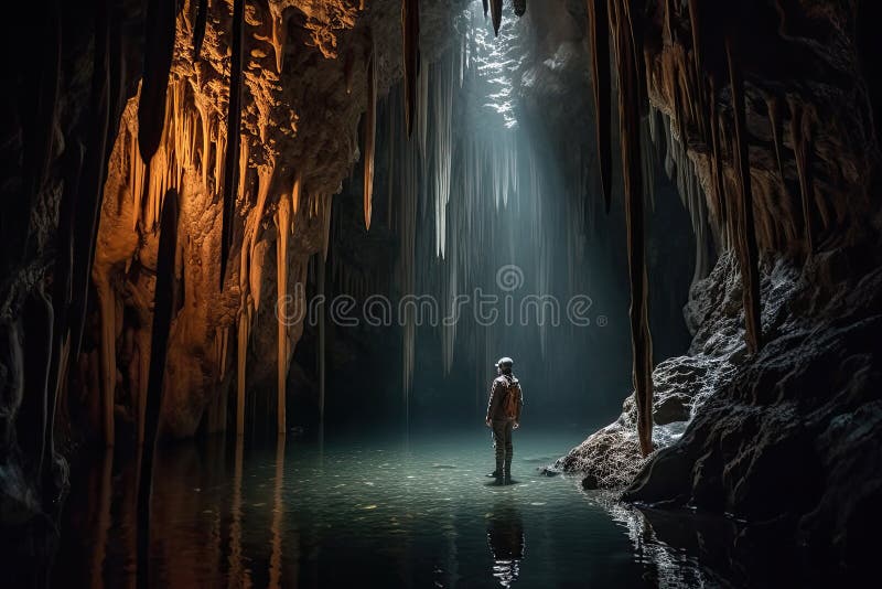 Free Diver Exploring Dark Depths of Underwater Cave. Generative Ai ...