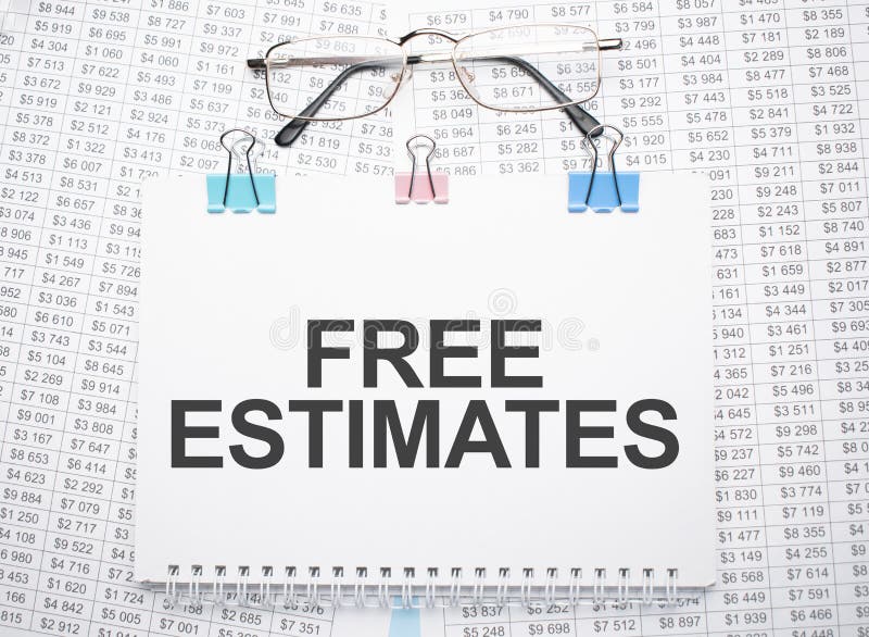 FREE ESTIMATES Text Written on Paper with Pen and Glasses Stock Image ...