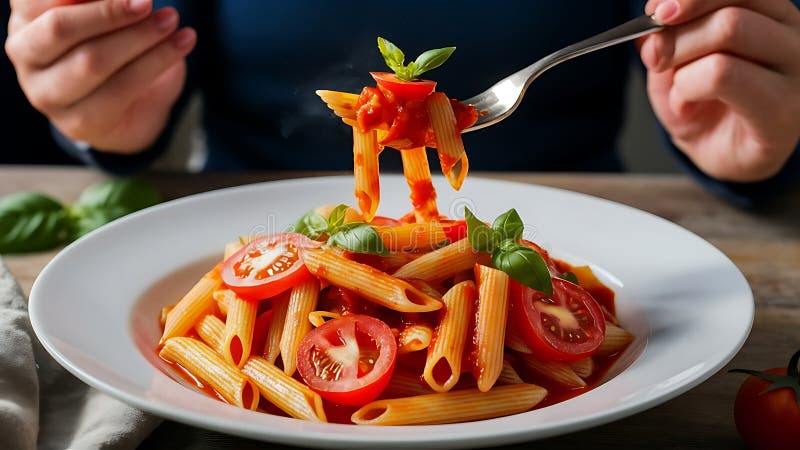 Free High-Resolution Image of Penne Pasta with Tomato and Basil Stock ...