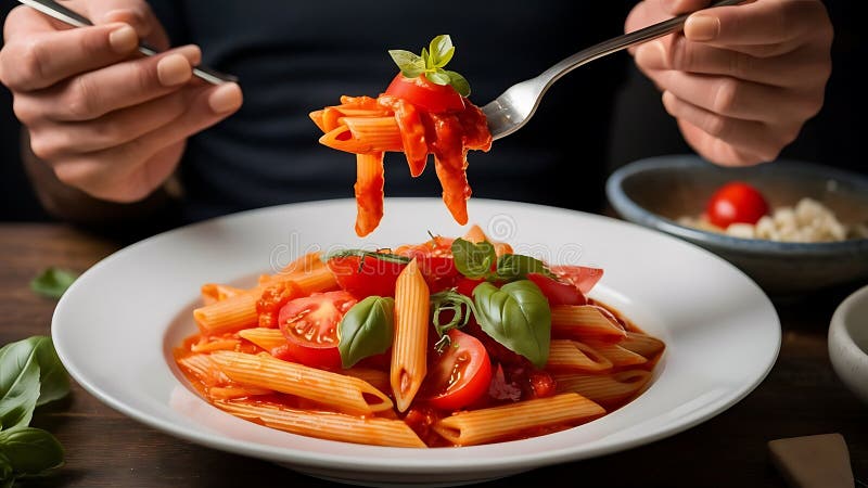 Free High-Resolution Image of Penne Pasta with Tomato and Basil Stock ...