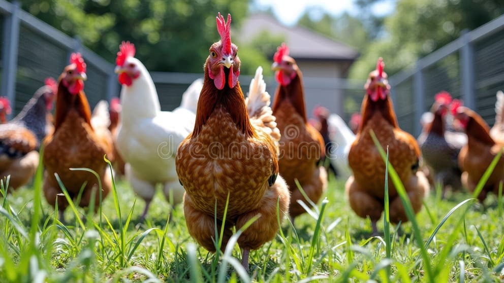 Free-range Chickens Grazing in Sunlit Farmyard Pasture Stock Image ...