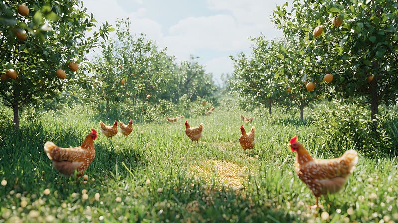 Free Range Chickens Pecking at Grains in Sunny Orchard Setting Stock ...